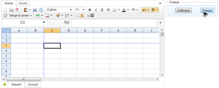 ZK Spreadsheet Essentials/Working with Spreadsheet/Handling Data Model/Freeze Rows and Columns ...